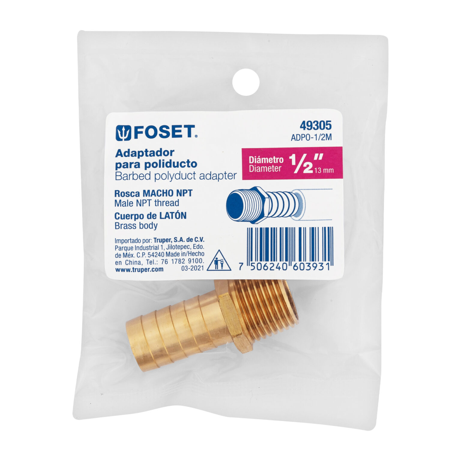 Adaptador macho de latón 1/2″ para poliducto, Foset 49305 – Surtiaceros