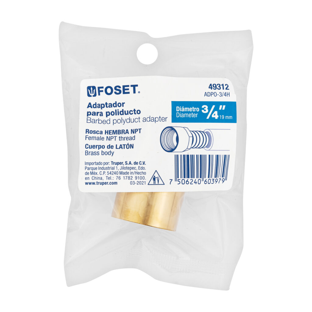 Adaptador hembra de latón 3/4″ para poliducto, Foset 49312 – Surtiaceros