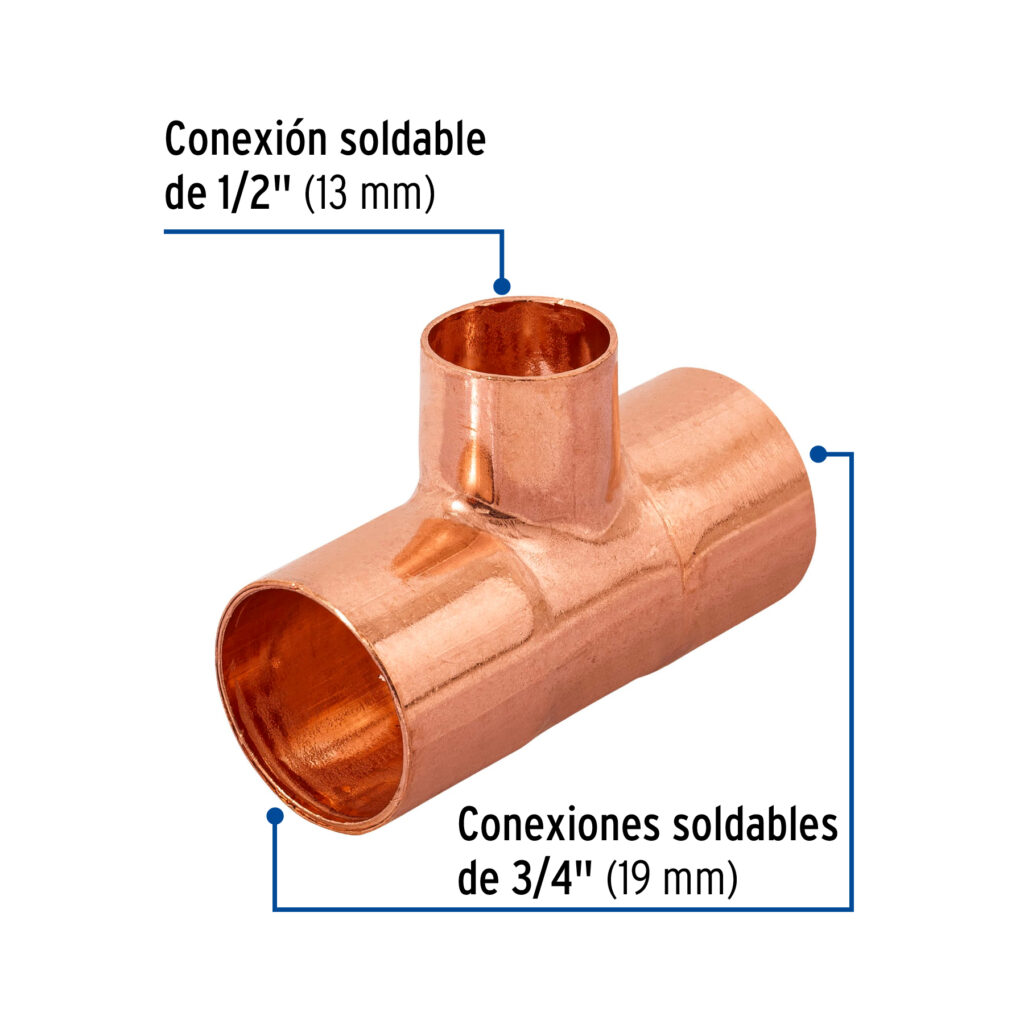 Tee reducida de cobre 3/4″ x 3/4″ x 1/2″ 49744 618985 – Surtiaceros