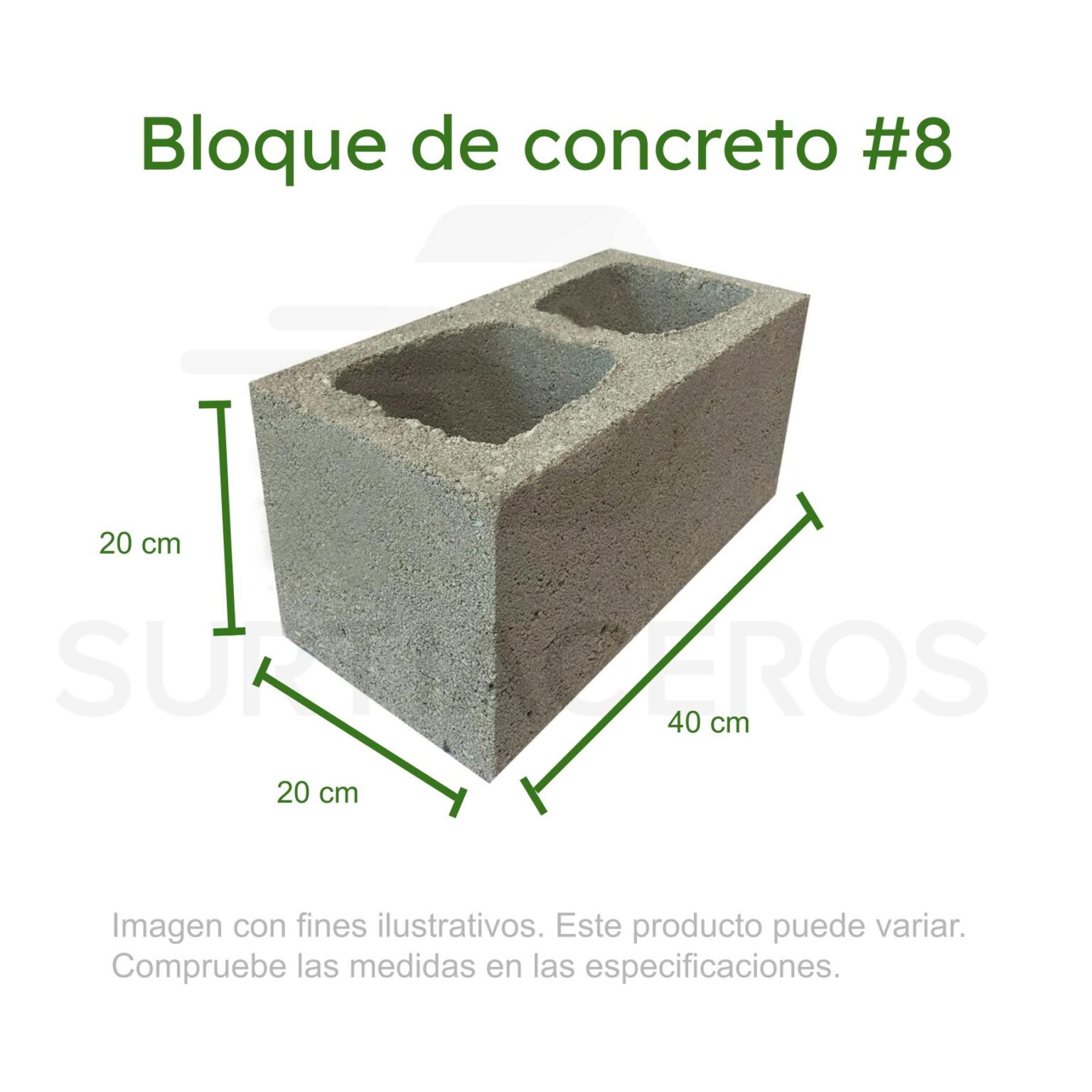 Bloque #8 de concreto (20 cm x 20 cm x 40 cm, f?c=60kg/cm2) – Surtiaceros